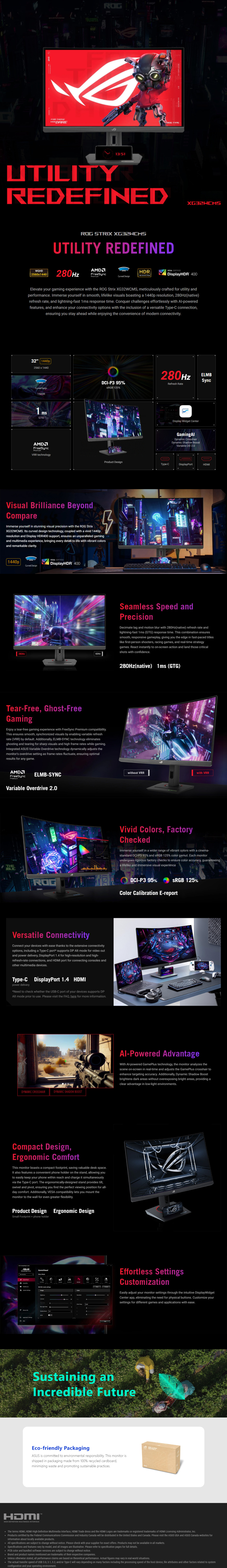 31.5" Asus ROG Strix XG32WCMS QHD 280Hz Curved Gaming Monitor ...